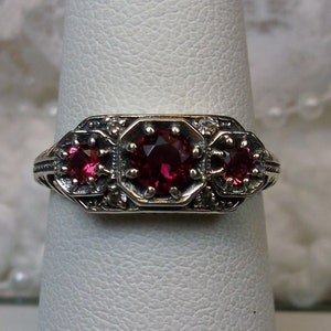 Ruby Ring/ Solid Sterling Silver/ Simulated or Natural Red Ruby Trinity Dainty 3stone Art Deco ...