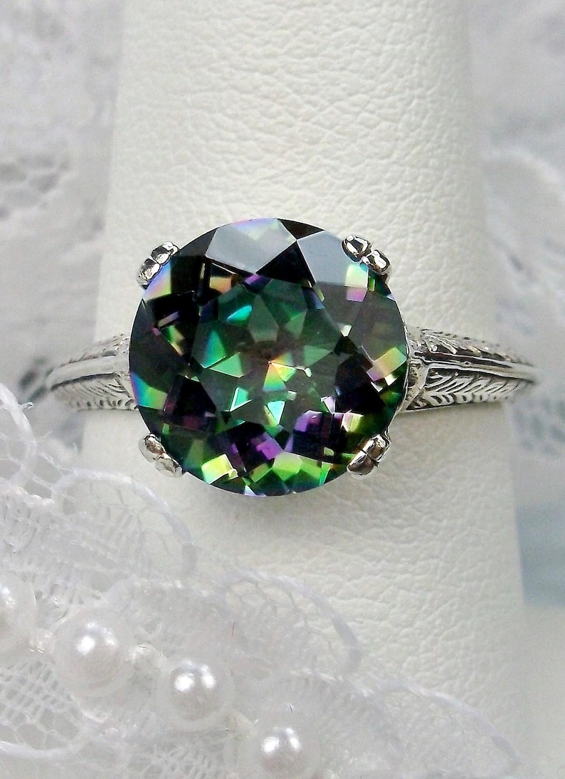 Natural Mystic Topaz Ring / Round Cut 3.8ct Rainbow Topaz With Sterling ...
