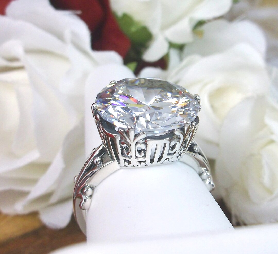 White CZ Ring/ 8ct Round Cut White Cubic Zirconia, Sterling Silver Luv Leaf Filigree [custom ...