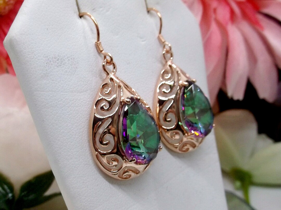 Mystic Topaz Earrings/ Rose Gold & Sterling Silver/ 12ctw Pear Teardrop ...