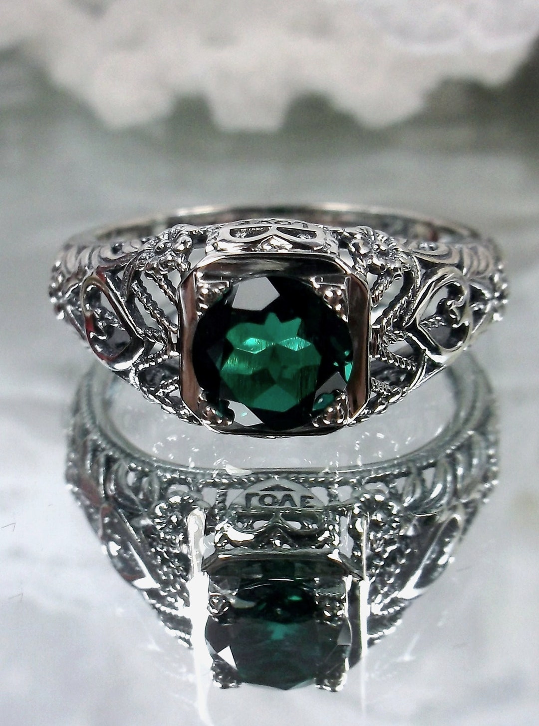 Emerald Ring/ Sterling Silver/ Natural or Simulated Green Emerald ...