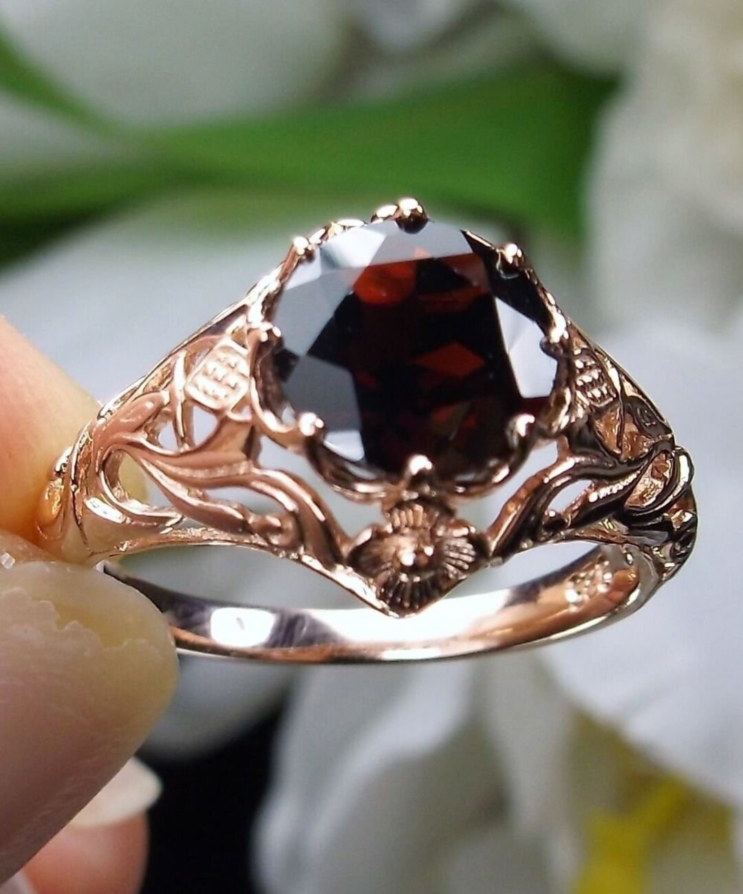 Natural Red Garnet Ring/ Rose Gold Plated Sterling Silver/ 1.6ct Round ...