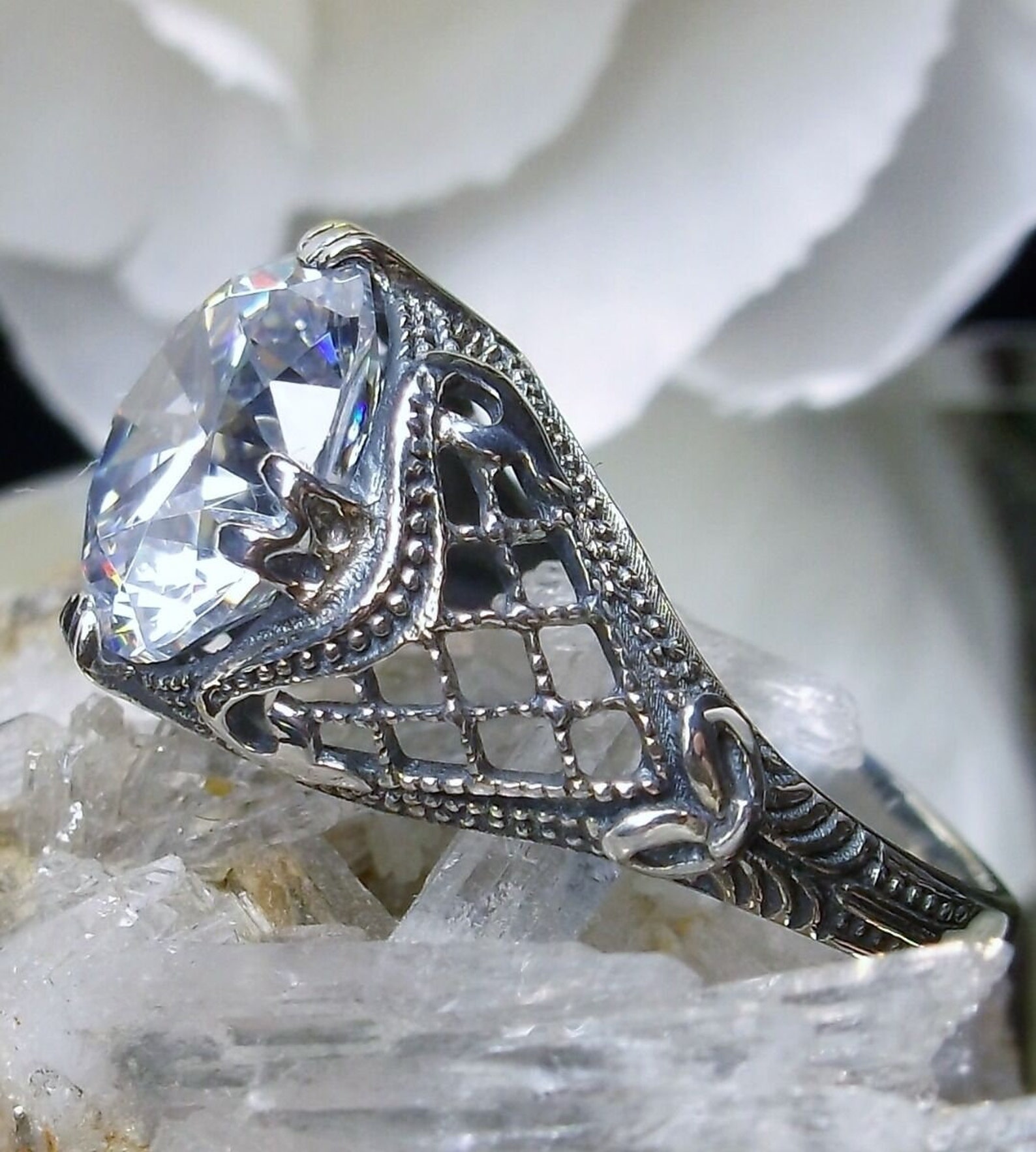 White Gemstone Ring/ Sterling Silver/ Round Cut White CZ or - Etsy