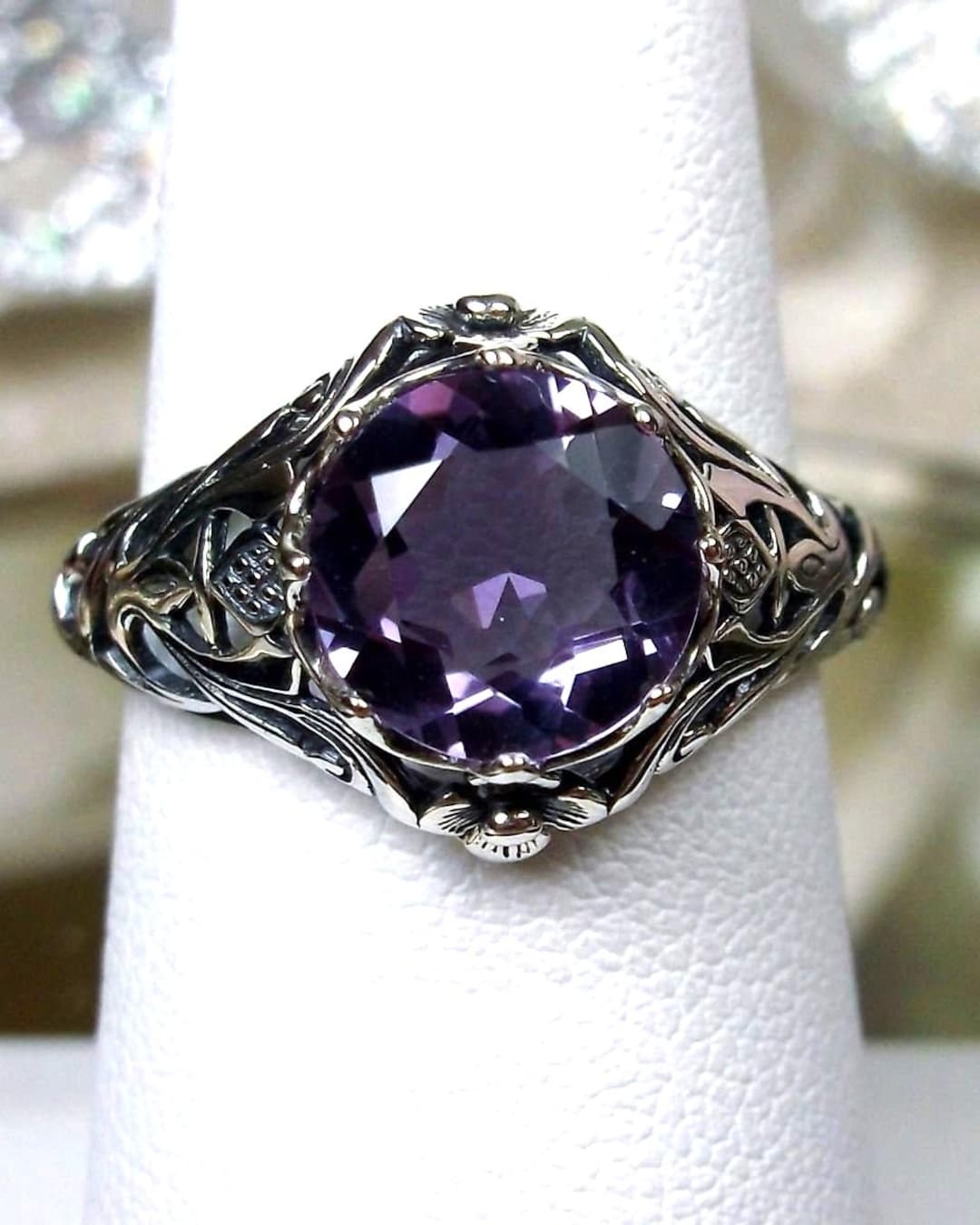Amethyst Ring/ Sterling Silver/ 1.5ct Round Simulated or Natural Purple ...