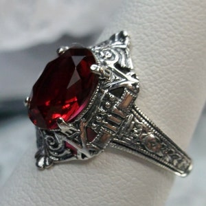 Ruby Ring/ Solid Sterling Silver/ Oval Simulated Red Ruby, Egyptian Filigree, Classic Art Deco ...