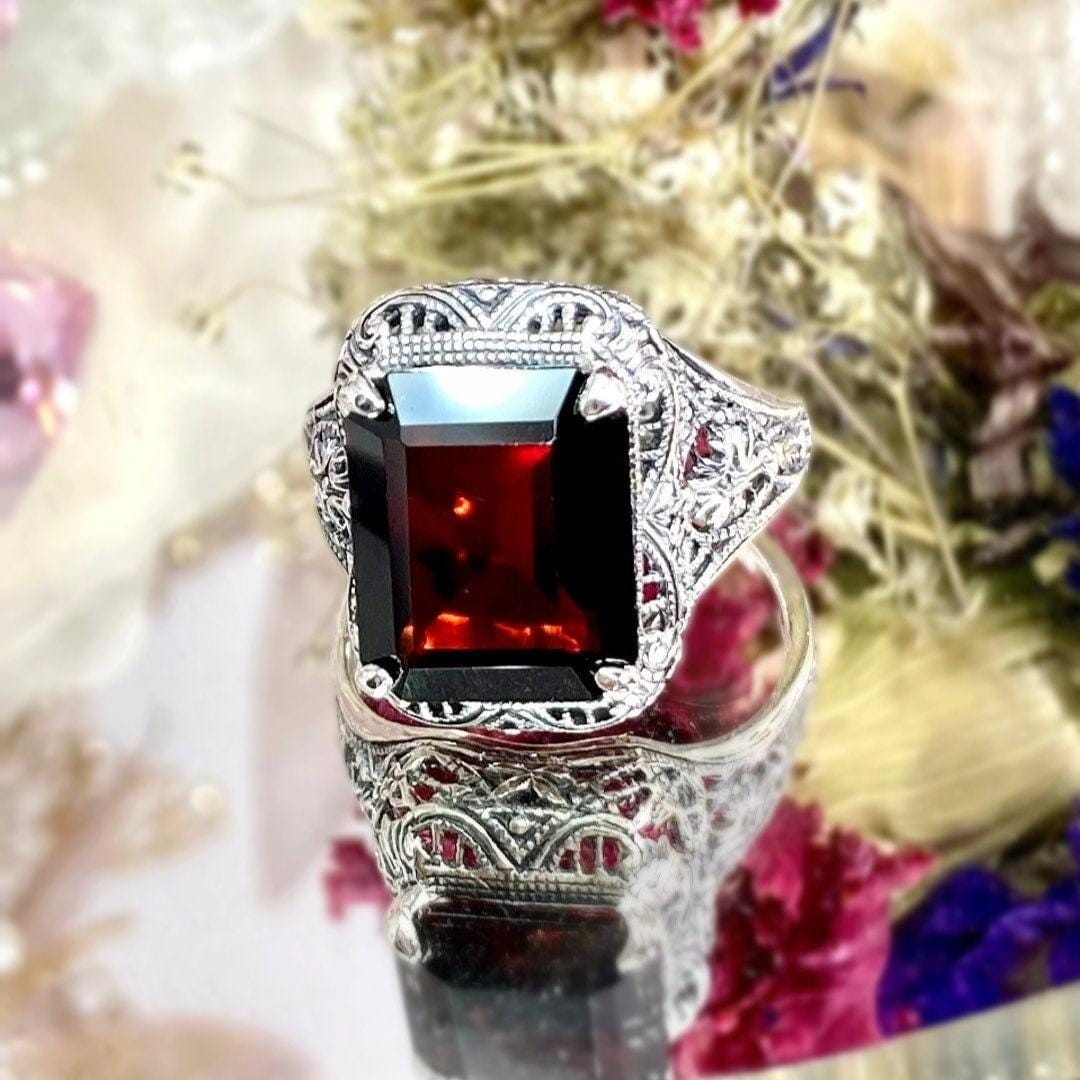 Natural Garnet Ring 925 Sterling Silver 5ct Natural Merlot Red Gem Floral Victorian Filigree ...