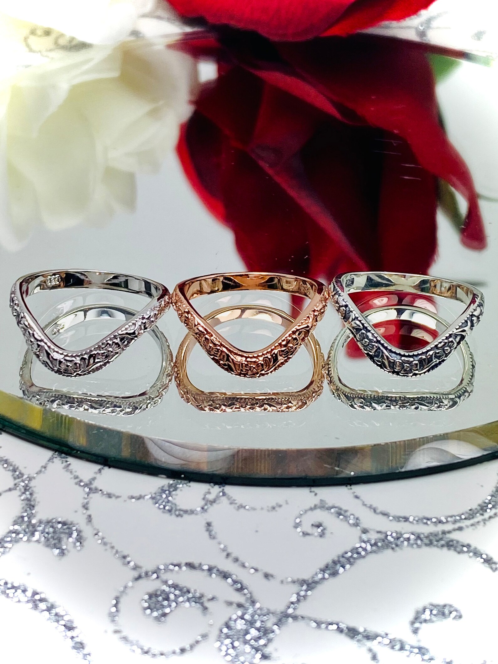 Floral High Curve Ring Band, Sterling Silver, White or Rose Gold ...