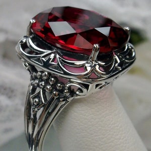 Ruby Ring/ Solid Sterling Silver/ 12ct Oval Cut Simulated Red Ruby, Retro Swirl Filigree custom ...