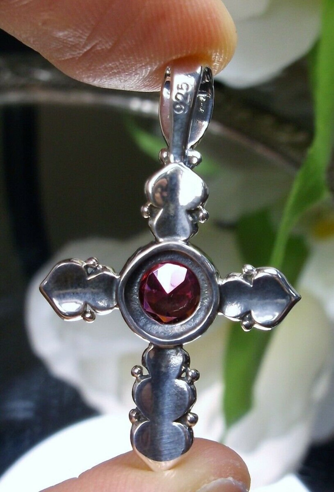 Ruby Cross Pendant/ Solid Sterling Silver/ Simulated Red Ruby | Etsy