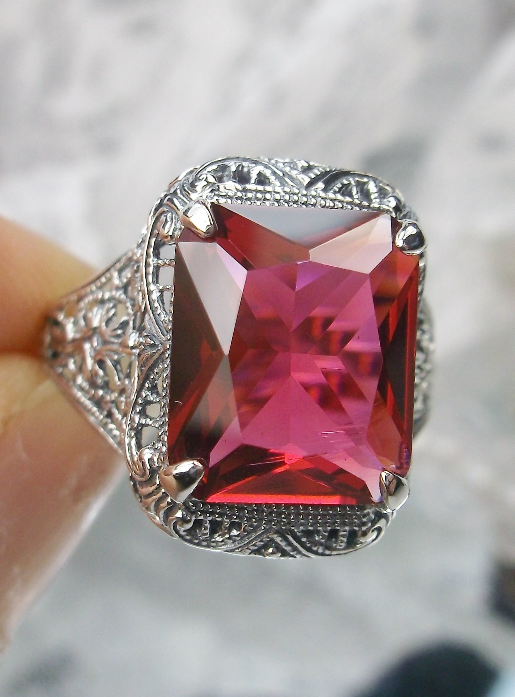 Ruby Ring/ Sterling Silver/ 5ct Rectangle Cut Simulated Red Ruby ...