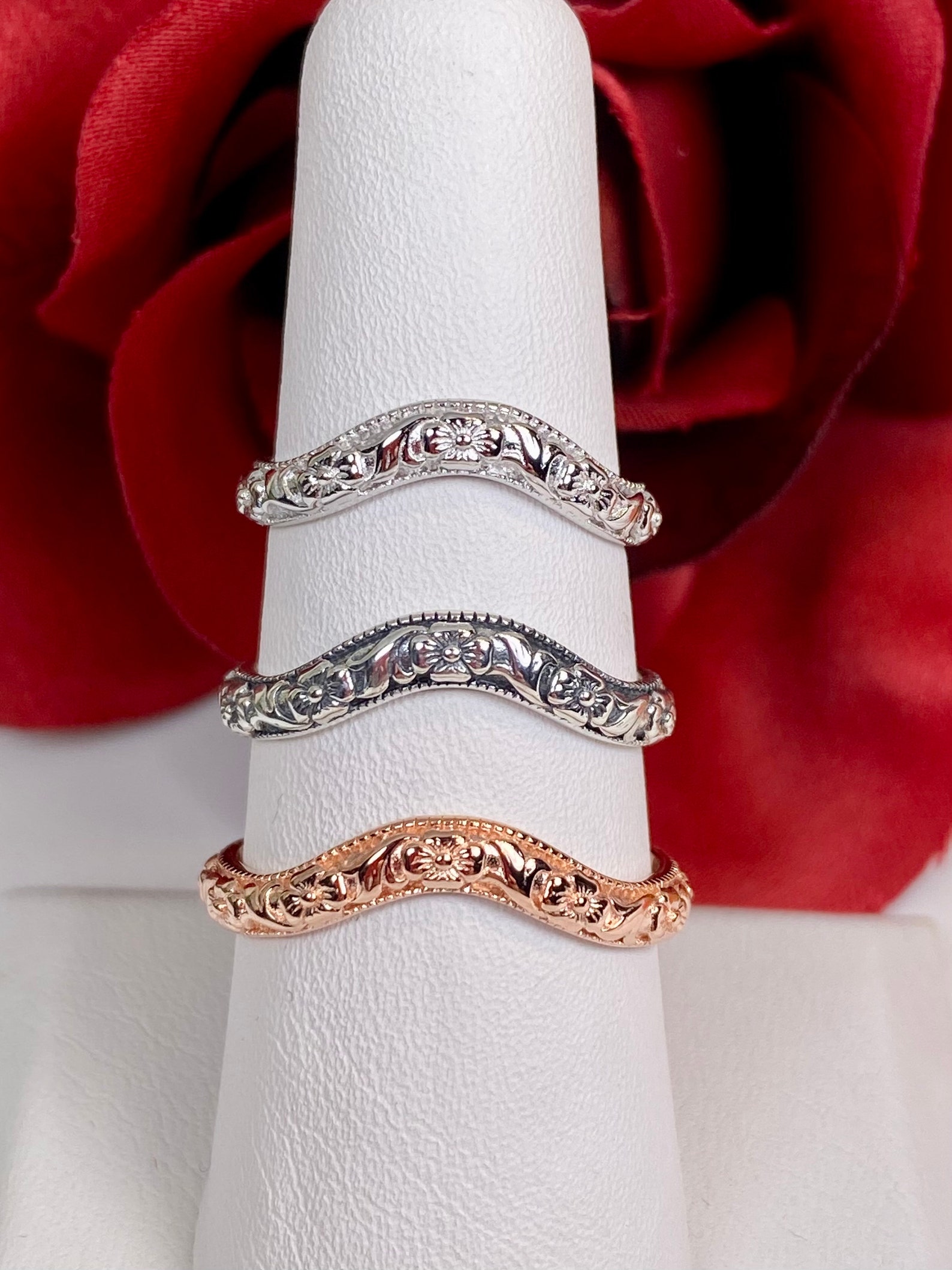 Floral Curved Band Ring / Sterling Silver White or Rose Gold/ - Etsy