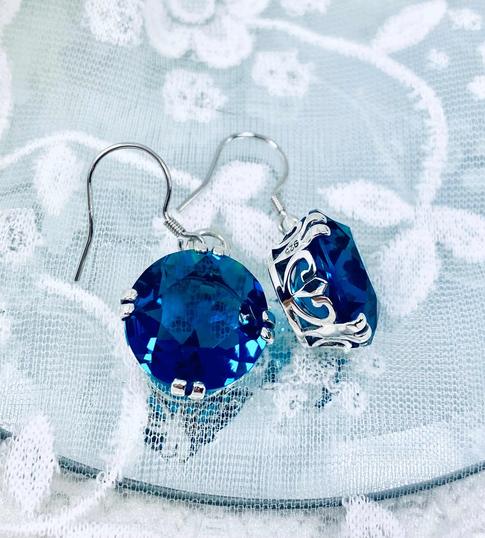 London Blue Earrings 925 Sterling Silver/ 22ctw Round Simulated Deep ...
