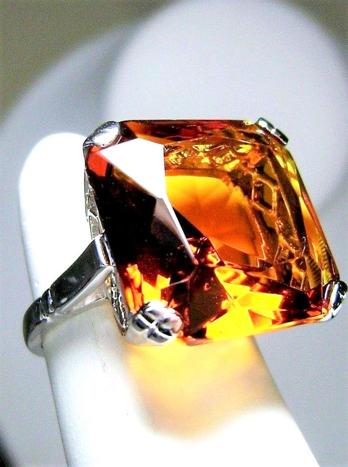 Orange Citrine Ring, 20ct Huge Square Cut Simulated Gem, With Art Deco ...