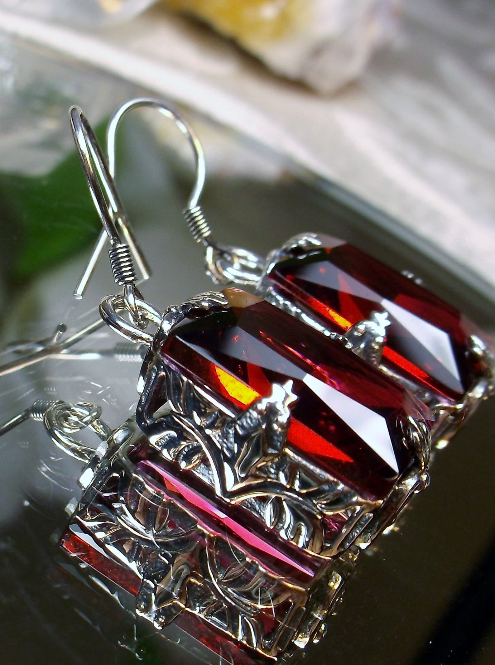 Red Ruby Earrings & Necklace Set / Rectangle Simulated | Etsy