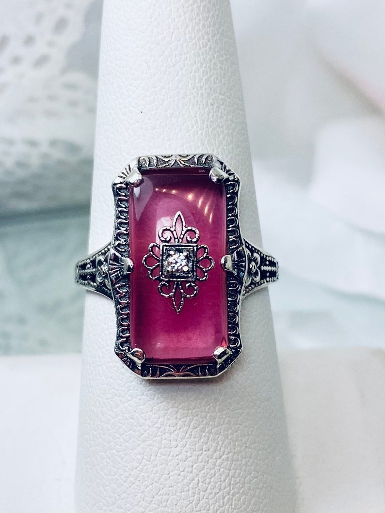 Pink Camphor Ring/ Rose Glass With Gem Inset in Sterling Silver ...