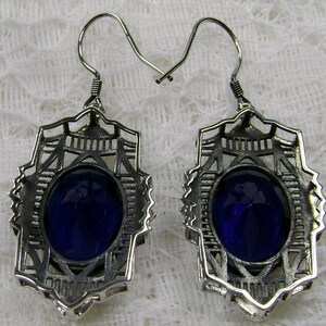 Blue Sapphire Earrings/ Solid Sterling Silver/ Oval Simulated Blue Sapphire, Art Deco 1920s ...