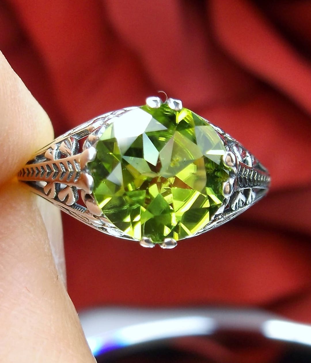 Natural Peridot Ring/ Genuine Green Gem, Art Deco 2fleur Sterling ...