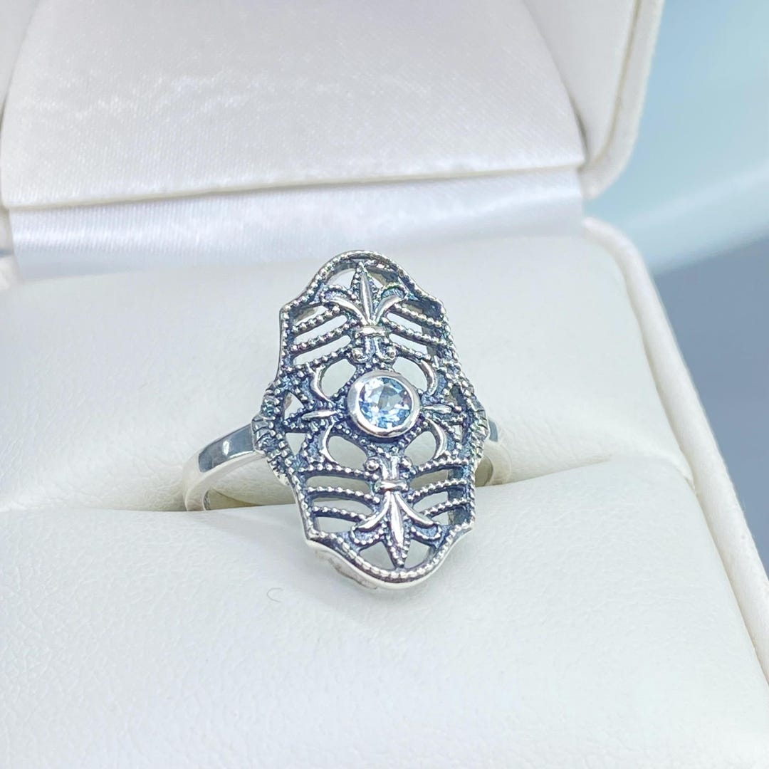 Antique Victorian Ring |natural Blue Topaz Ring| Solid Sterling Silver| Victorian Fleur De Lis ...