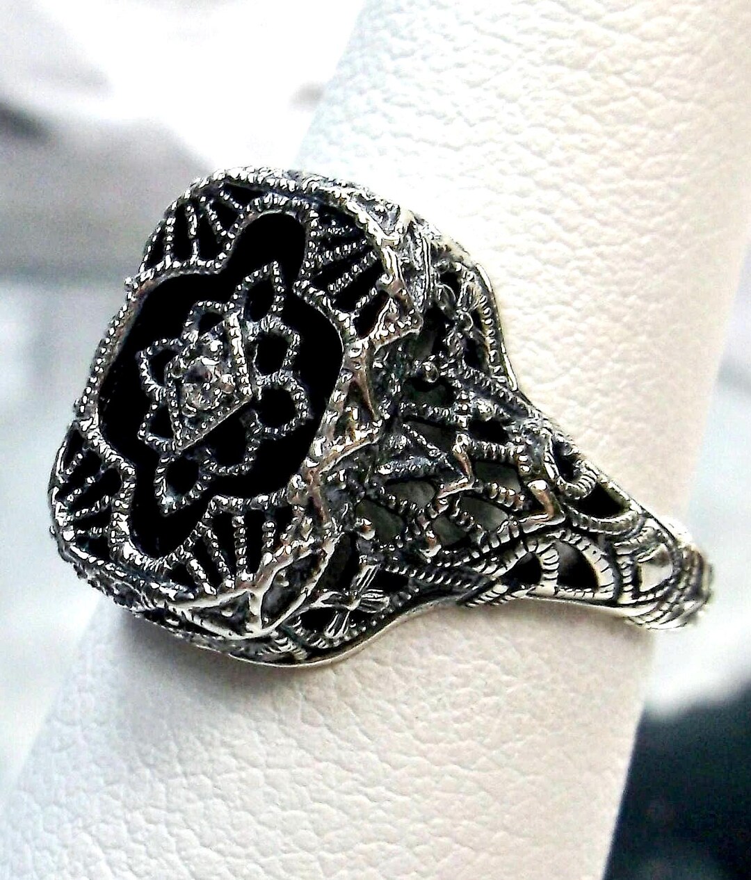 Black Glass Ring/ Sterling Silver/ Frosted Black Camphor Glass and ...