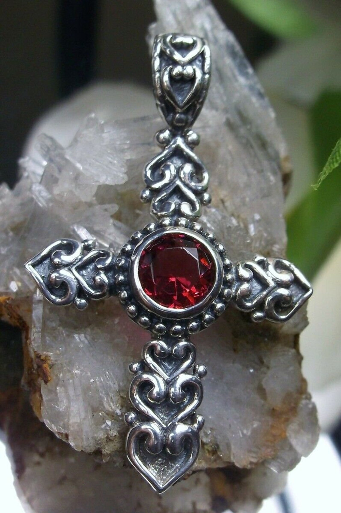 Ruby Cross Pendant/ Solid Sterling Silver/ Simulated Red Ruby | Etsy