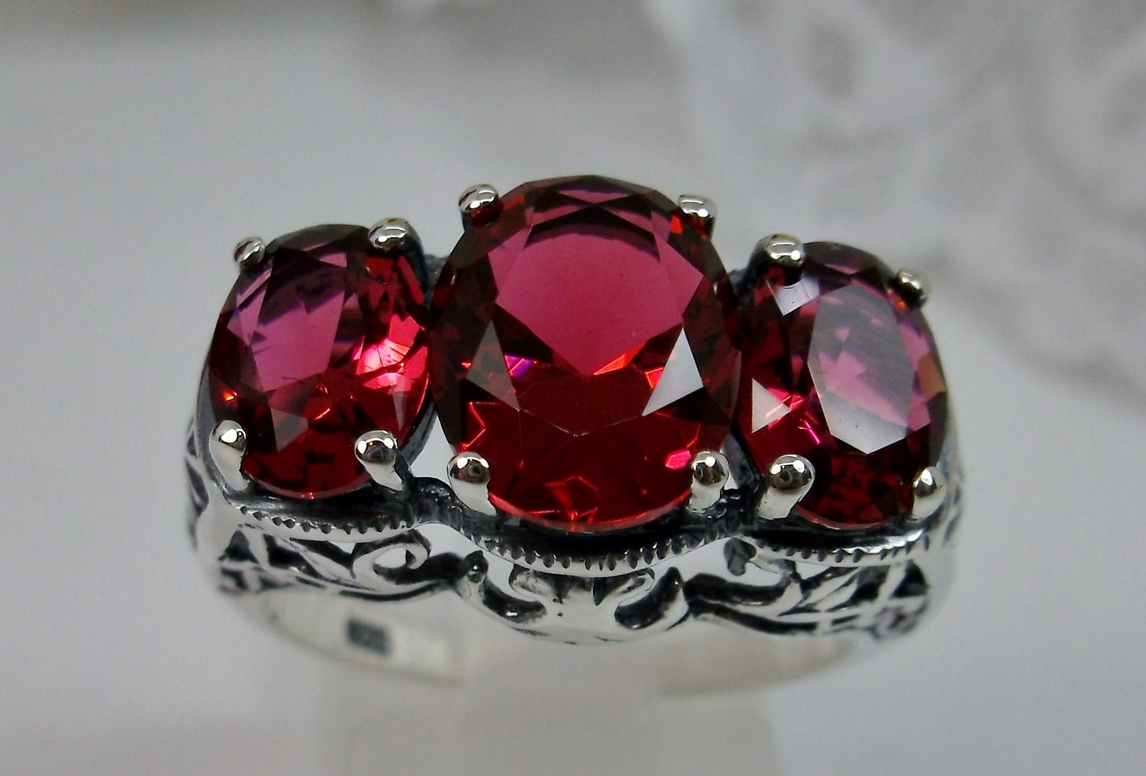 Ruby Ring/ Solid Sterling Silver/ 3-Gem Oval Cut Simulated | Etsy