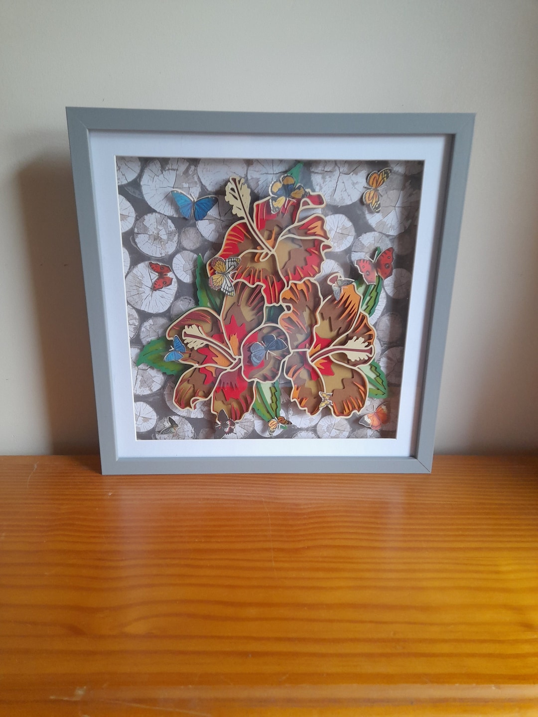 3d Hibiscus Flowers and Butterflies Shadow Box, Layered Cardstock 3d ...