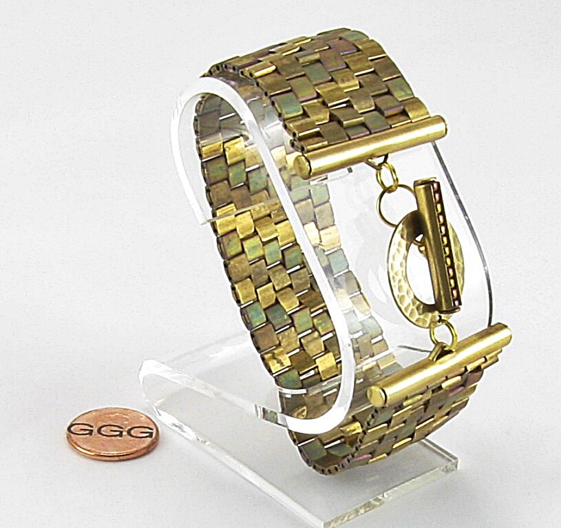 Bracelet - Two Hole Tila Beads in Shades of Gold With Hammered Toggle ...