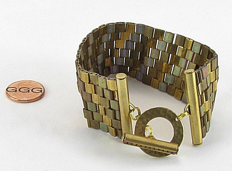 Bracelet - Two Hole Tila Beads in Shades of Gold With Hammered Toggle ...