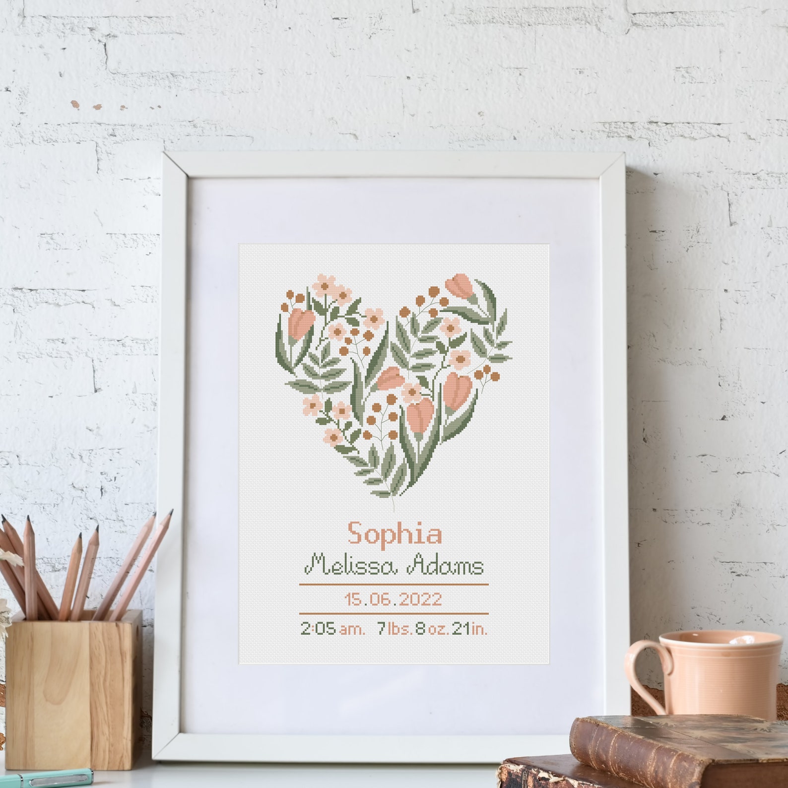 Floral Heart Cross Stitch Pattern, Baby Girl Name Cross Stitch, Birth ...