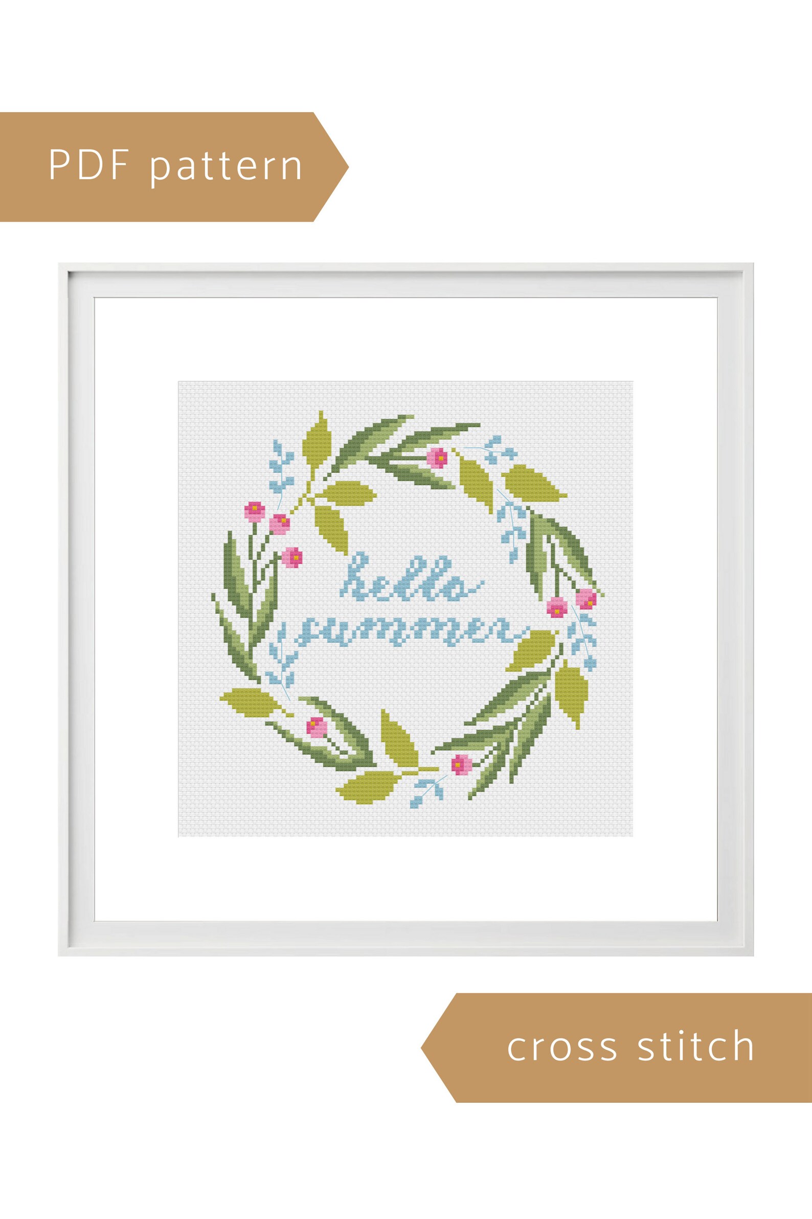 Hello Summer Wreath Cross Stitch Pattern, Pastel Floral Border, Simply ...