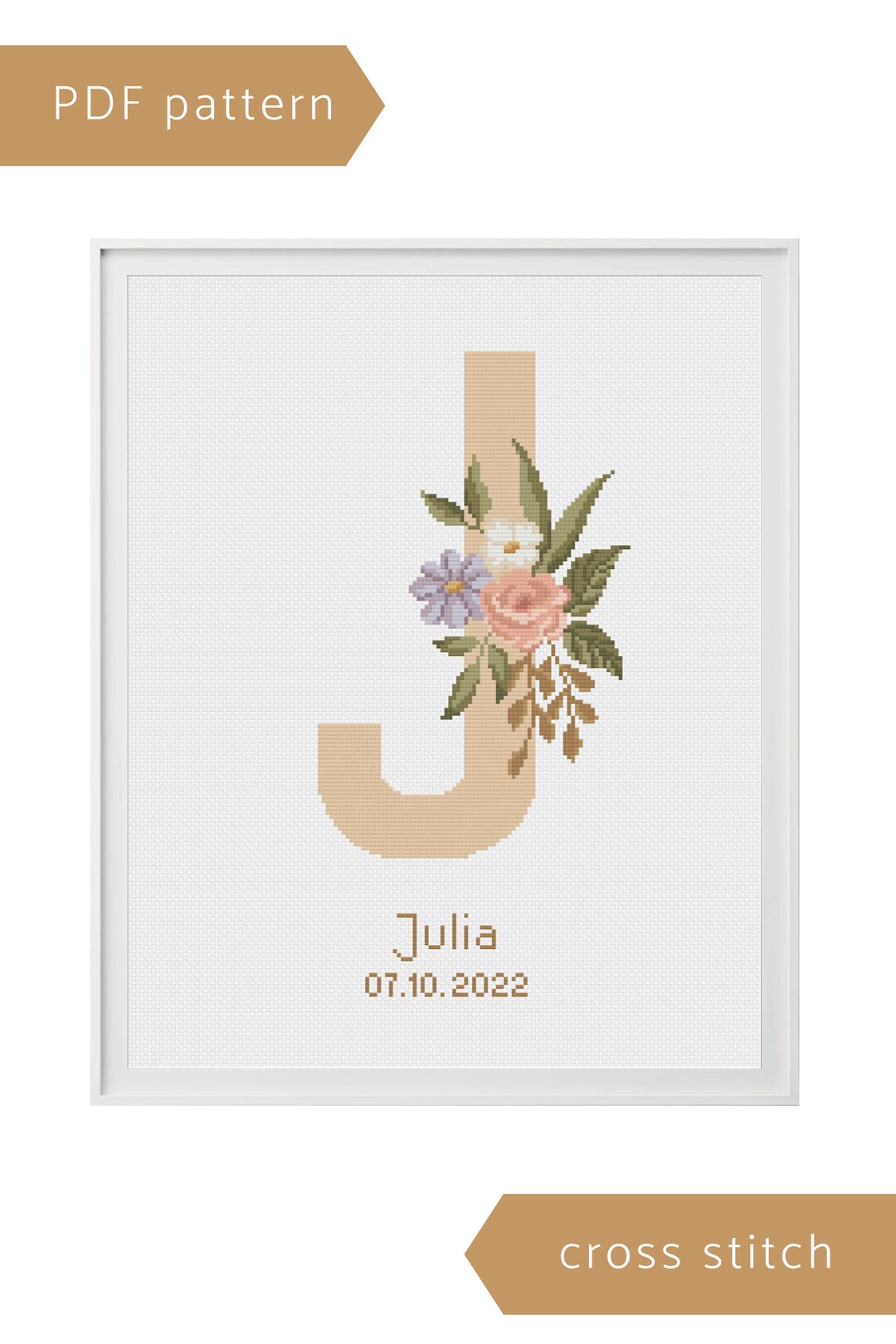 Letter J Cross Stitch Pattern, Floral Embroidery Monogram, Decorative ...