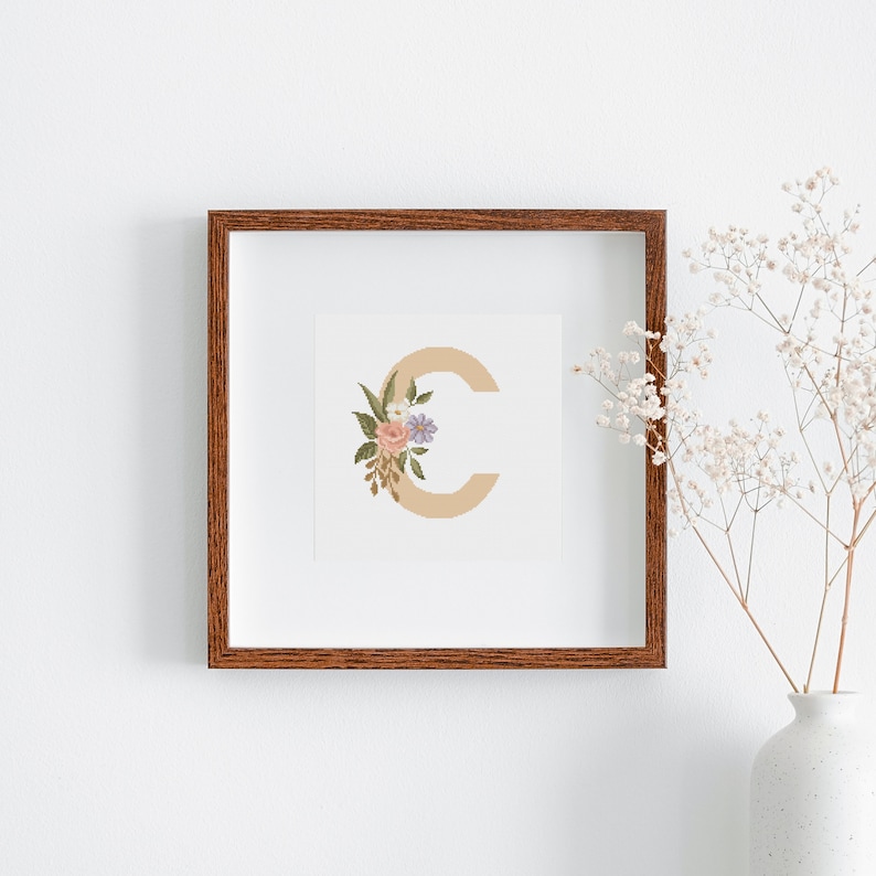 Letter C Birth Annoucement Cross Stitch Pattern, Floral Monogram ...