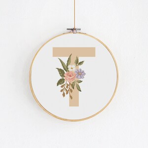 Letter T Cross Stitch Pattern, Initial With Flowers Stitching, Modern ...