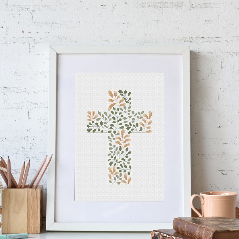Christian Cross Stitch Pattern, Cross With Leaves Embroidery, Religious ...