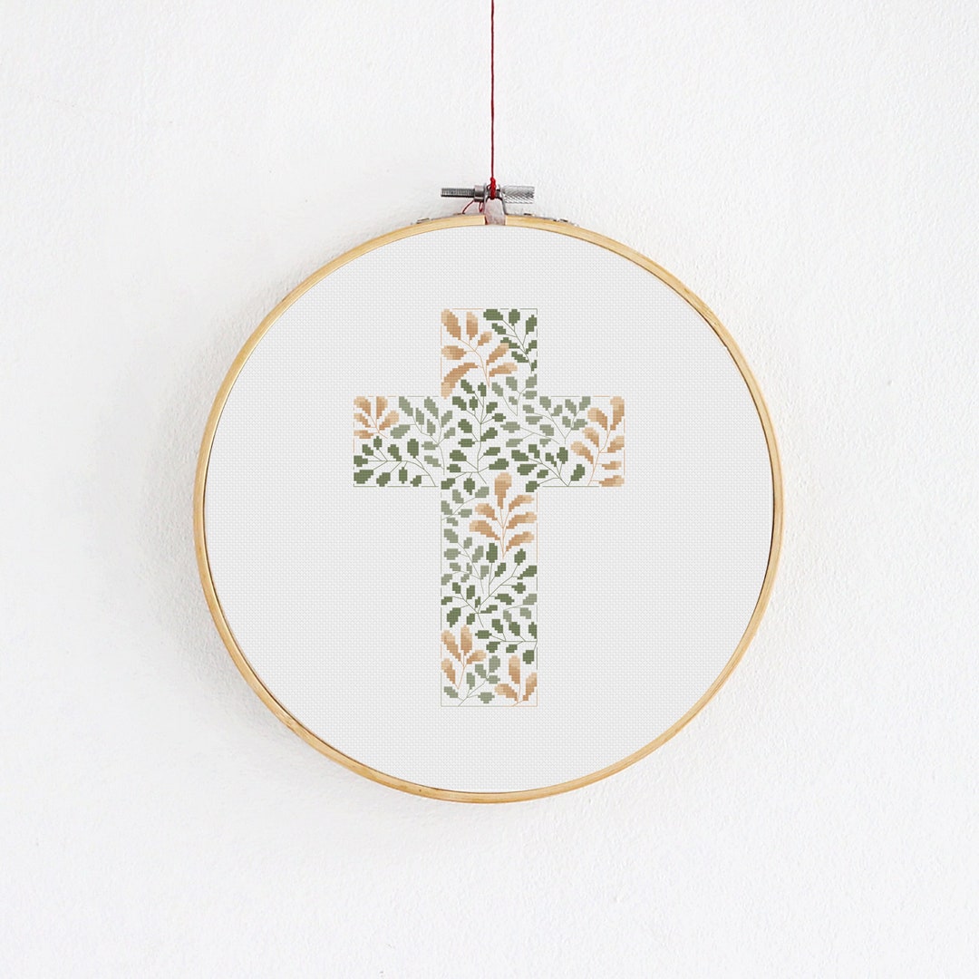Christian Cross Stitch Pattern, Cross With Leaves Embroidery, Religious ...