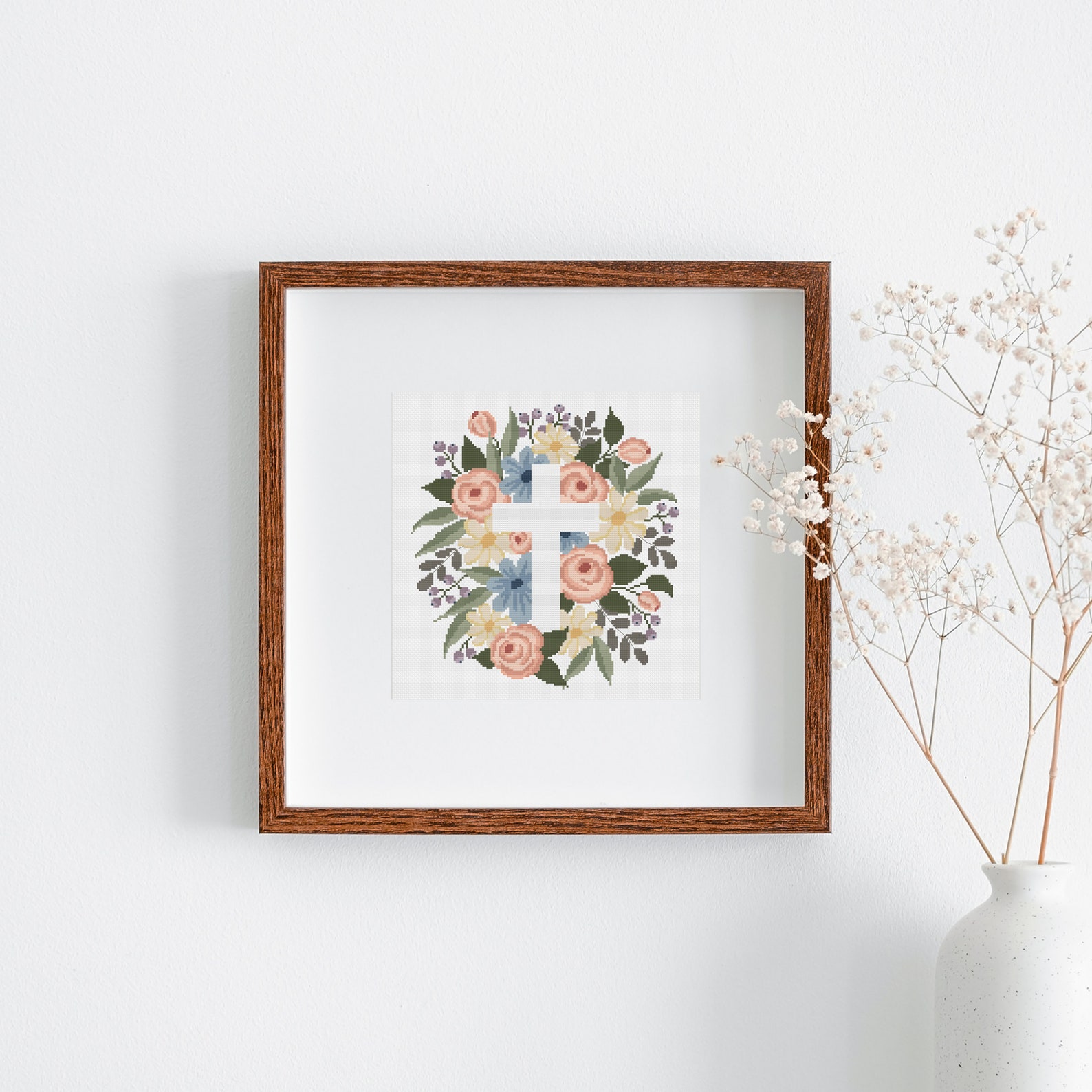 Religious Cross Stitch Pattern, Jesus Christ Cross in Flowers ...