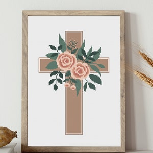 Flowers and Cross Cross Stitch Pattern, Religious Modern Decoration ...