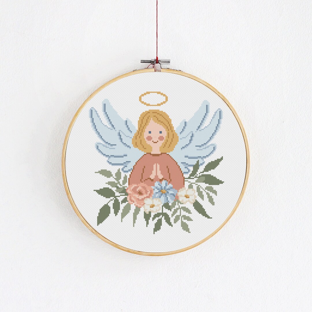 Small Guardian Angel With Flowers and Leaves, Cross Stitch PDF Pattern ...