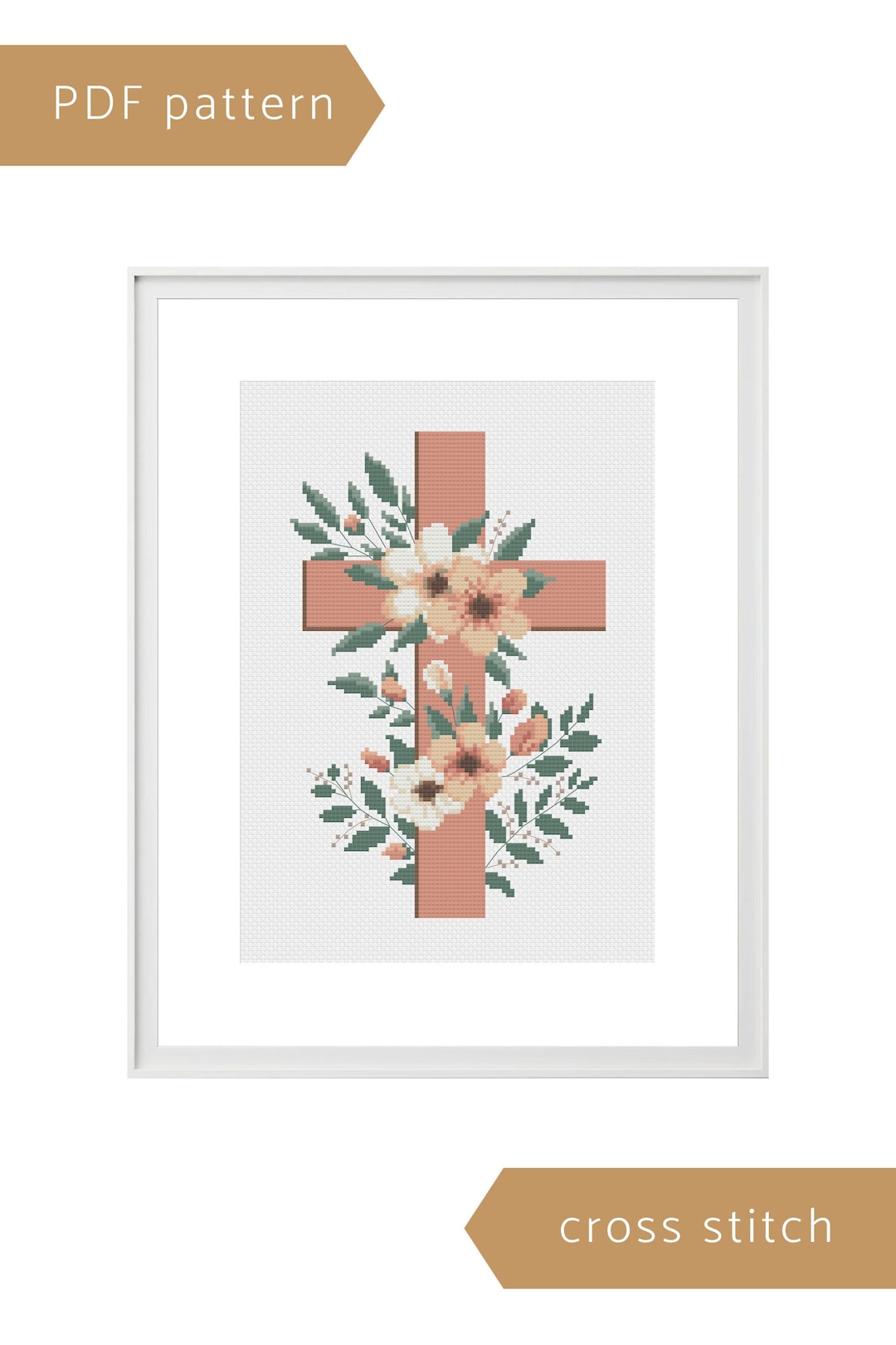 Religious Cross Stitch Pattern, Christian Cross With Flowers and Leaves ...
