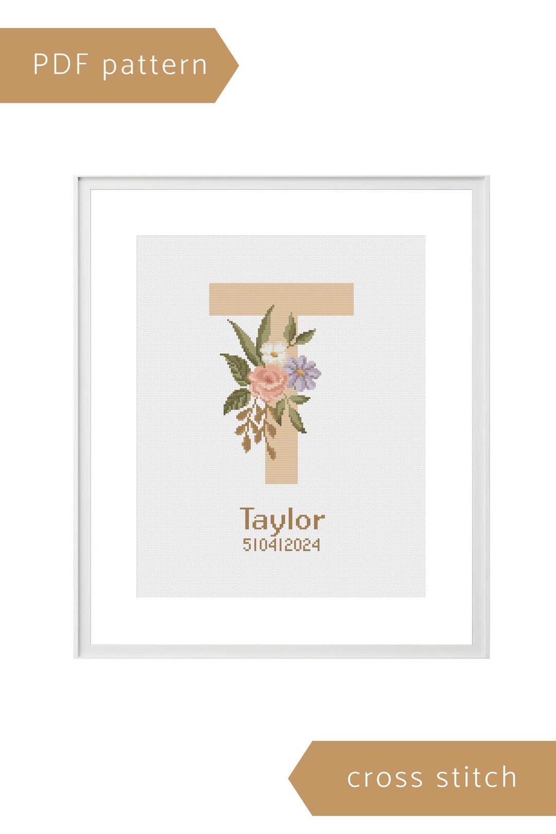 Letter T Cross Stitch Pattern, Initial With Flowers Stitching, Modern ...
