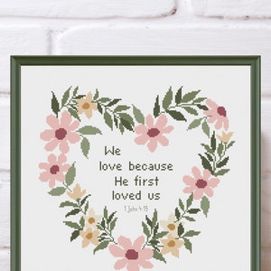 Bible Verse Cross Stitch Pattern, Heart-shaped Floral Wreath With ...