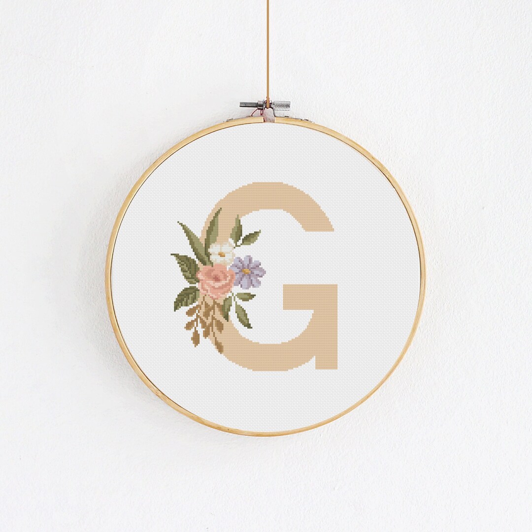 Letter G Cross Stitch Pattern, Initial With Flowers Embroidery, Modern ...