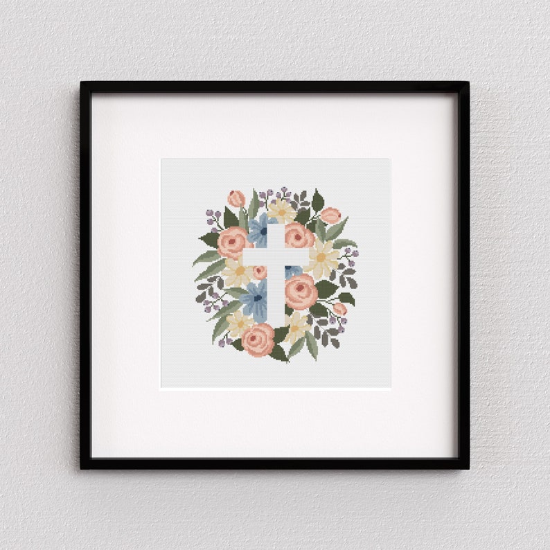 Religious Cross Stitch Pattern, Jesus Christ Cross in Flowers ...
