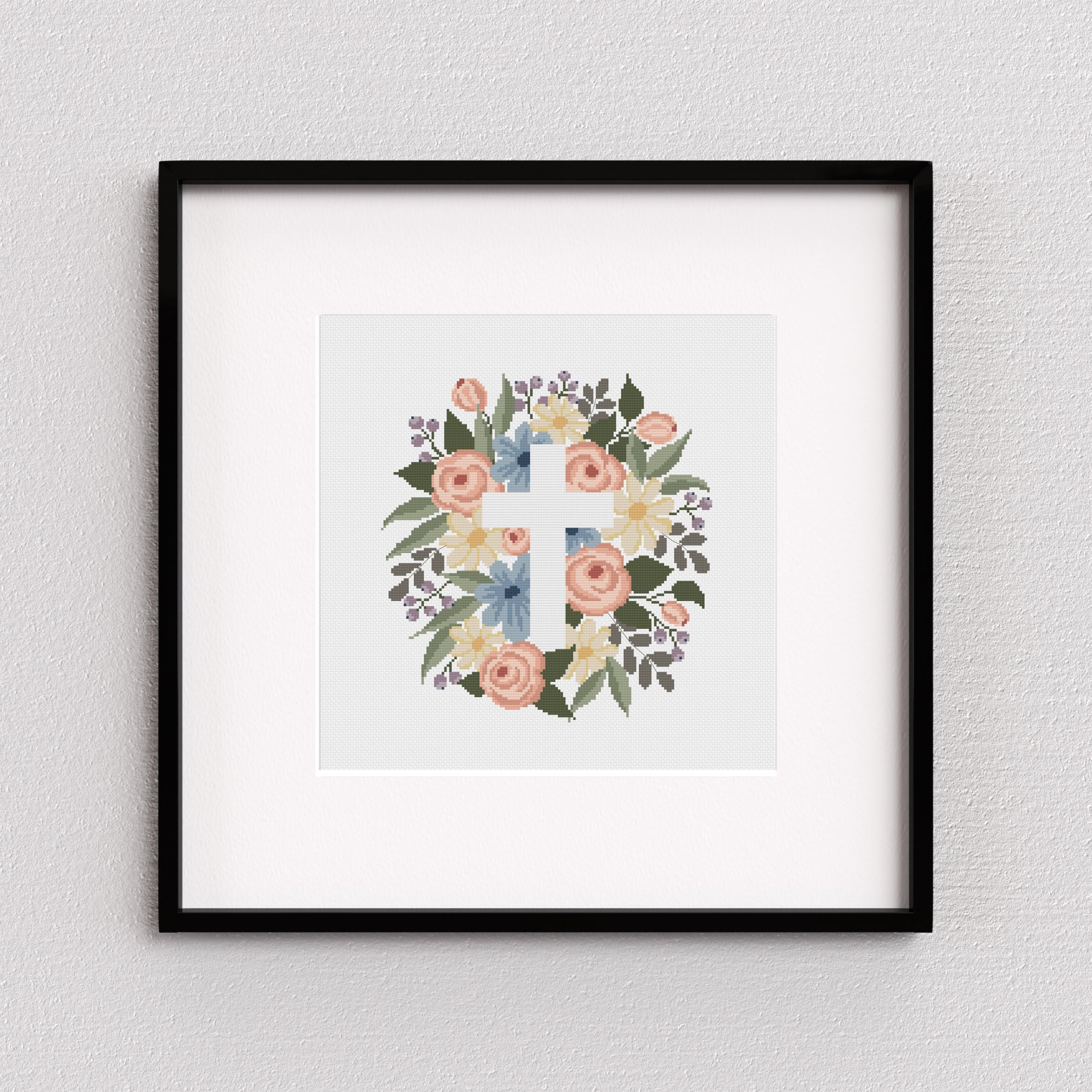 Religious Cross Stitch Pattern, Jesus Christ Cross in Flowers ...