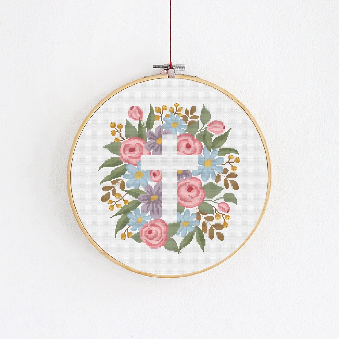 Christian Cross in Flowers Cross Stitch Pattern, Colorful Floral ...