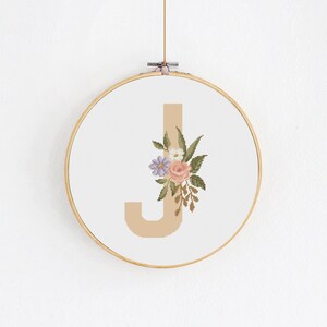 Letter J Cross Stitch Pattern, Floral Embroidery Monogram, Decorative ...