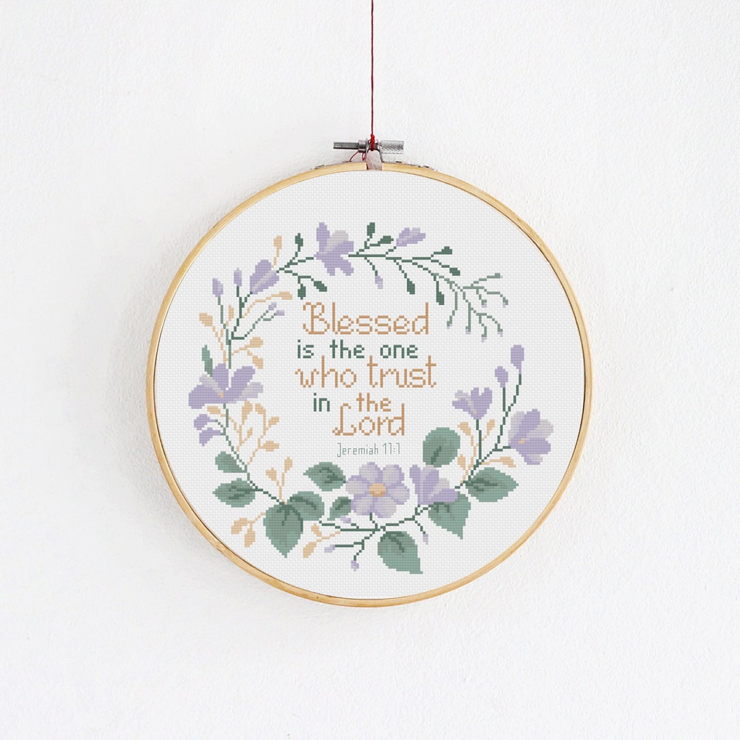 Bible Verse Cross Stitch Pattern, Declicate Floral Wreath With Flowers ...