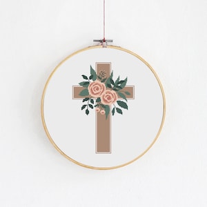 Flowers and Cross Cross Stitch Pattern, Religious Modern Decoration ...