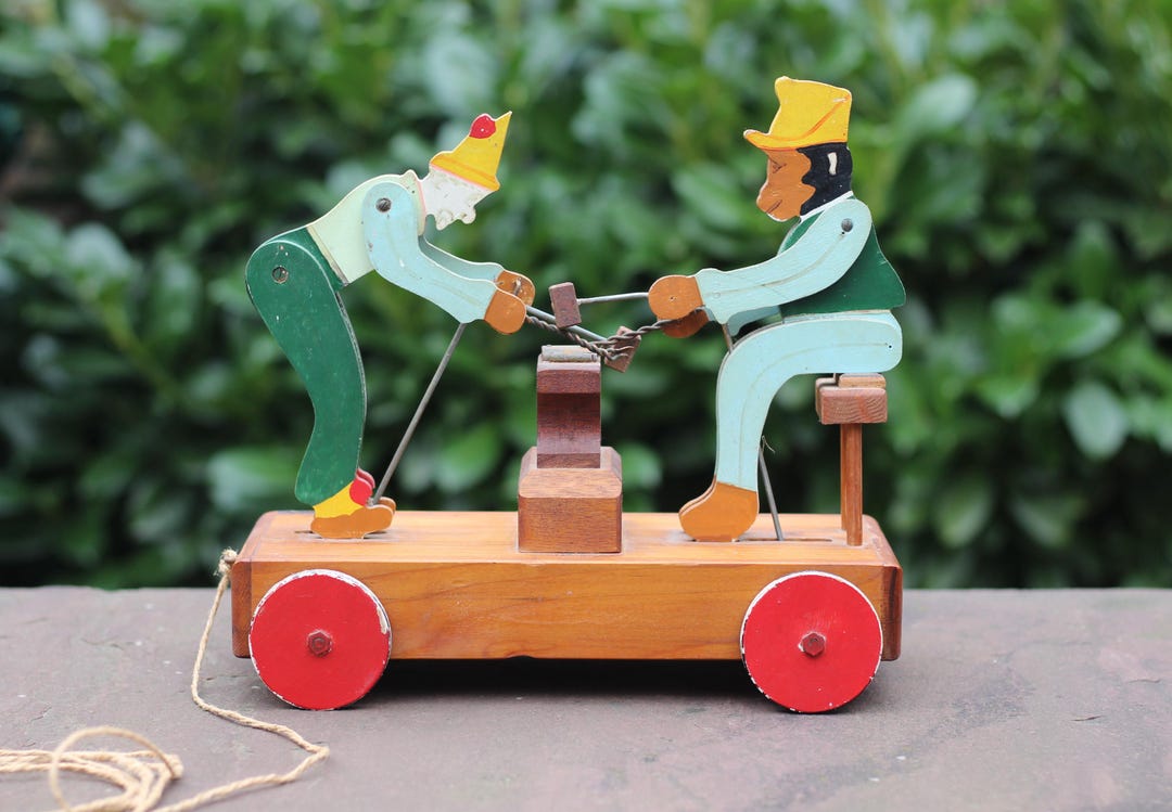 Vintage Wooden Pull Along Toy, Pull Figures, Moving Toys, Decorative ...