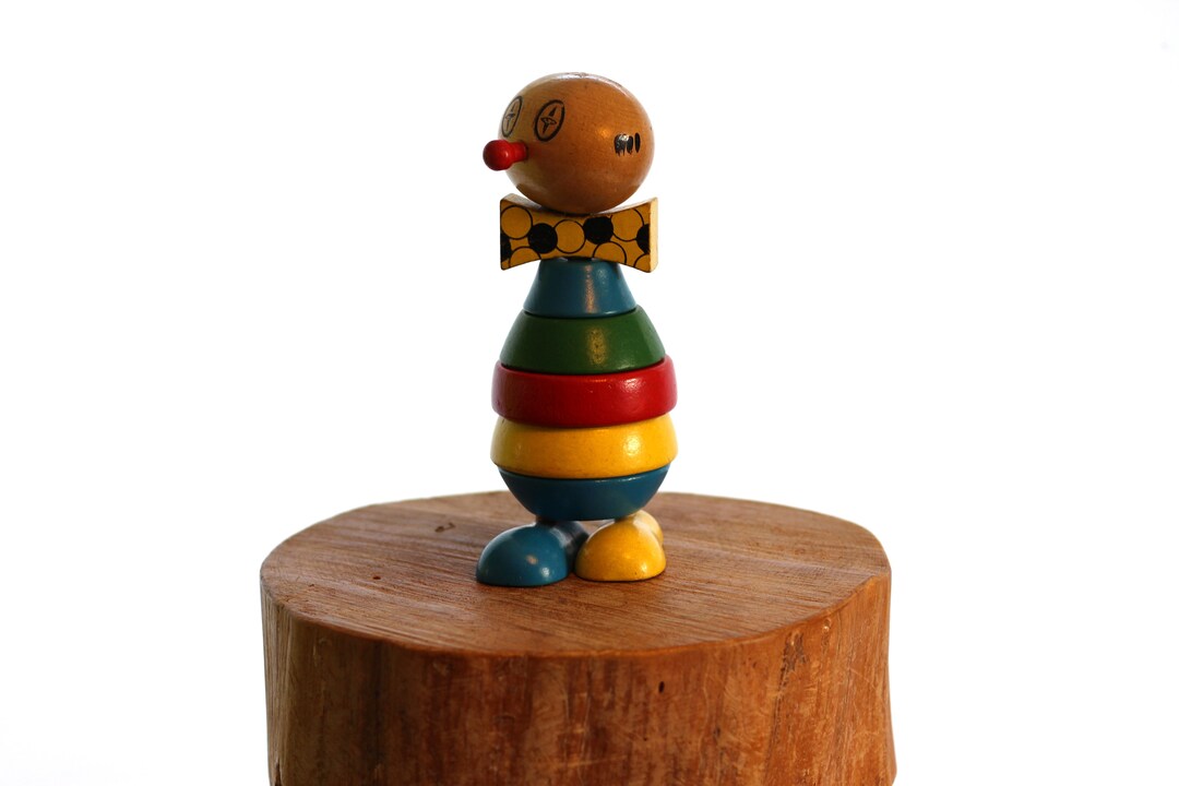 3 Vintage Wooden Toy Clown, Stackable Colorfull Doll, Stacking Blocks ...